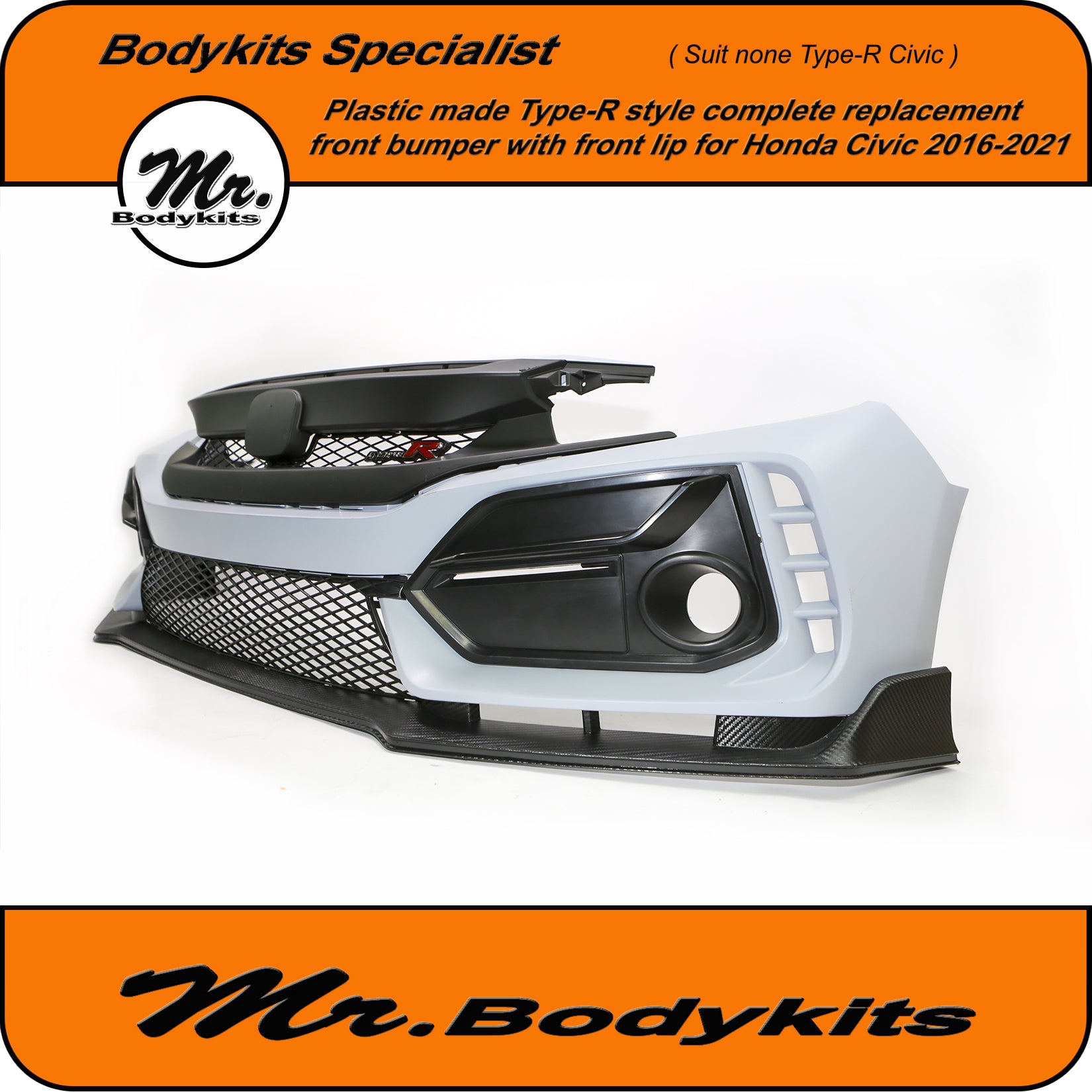 Honda Civic FK Type-R Style Full Front Bumper With Lip For 2016-2021 S ...